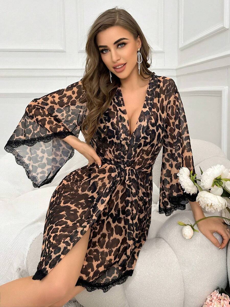 Women's Sexy Leopard Print Mesh Fabric Robe With Belted V Neck Flare ...