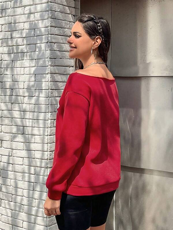 SHEIN Essnce Ladies' Casual Off-shoulder Red Long Sleeve Sweatshirt ...