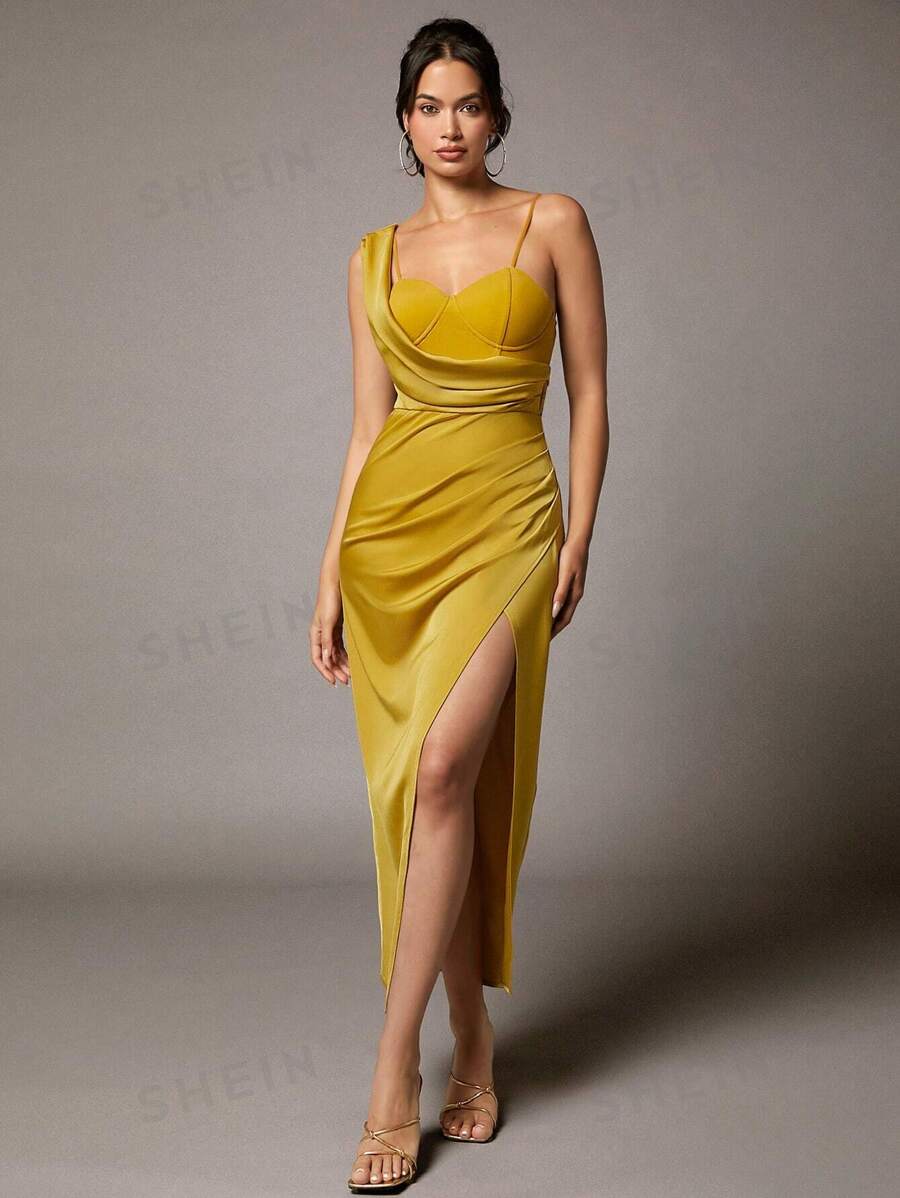 SHEIN BAE Mustard Yellow Satin Paneled Mesh Bustier High Slit Gathered ...