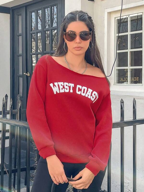 SHEIN Essnce Ladies' Casual Off-shoulder Red Long Sleeve Sweatshirt ...