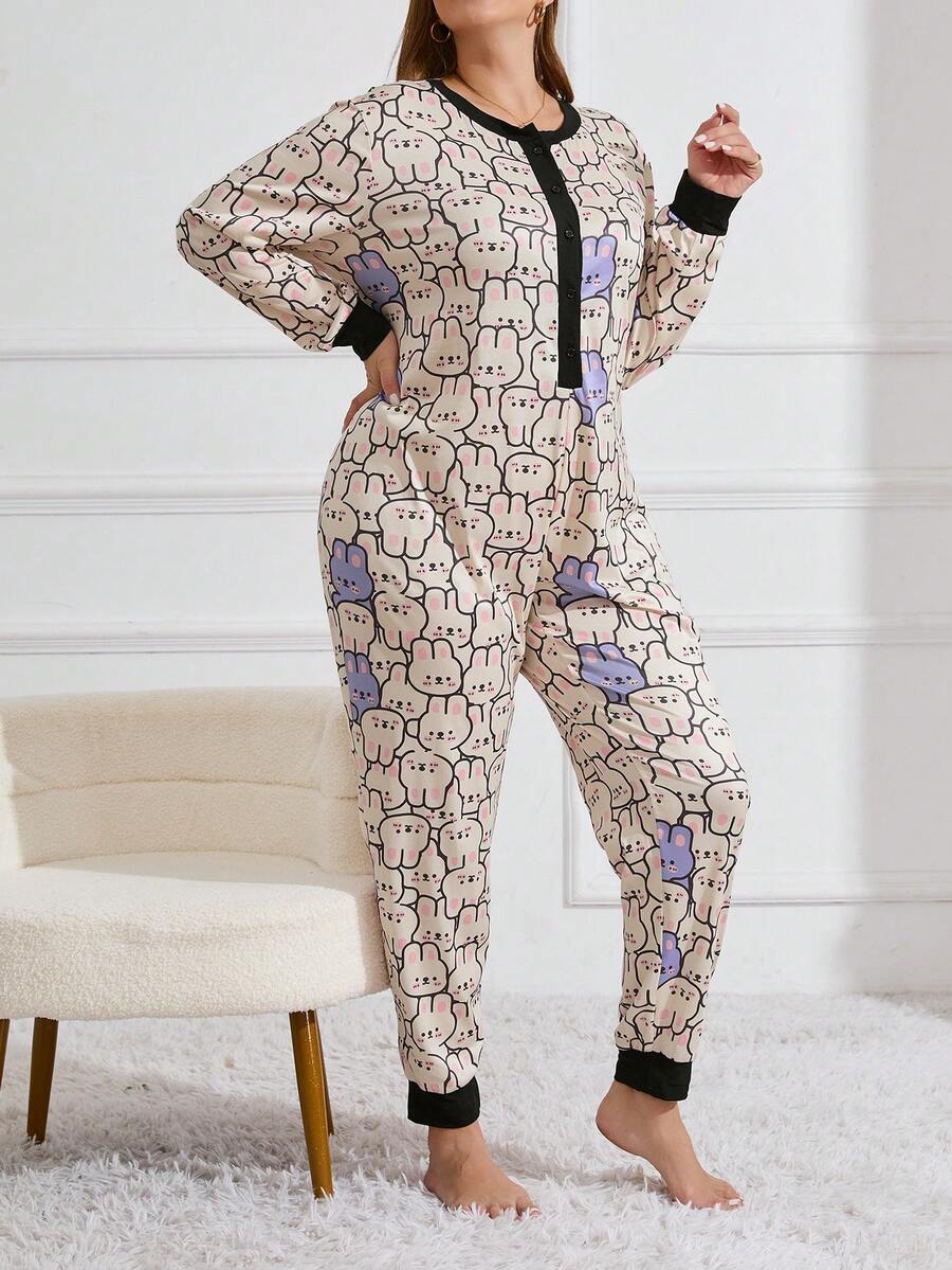 Plus Size Cartoon Bunny Print Jumpsuit Pajamas | SHEIN USA