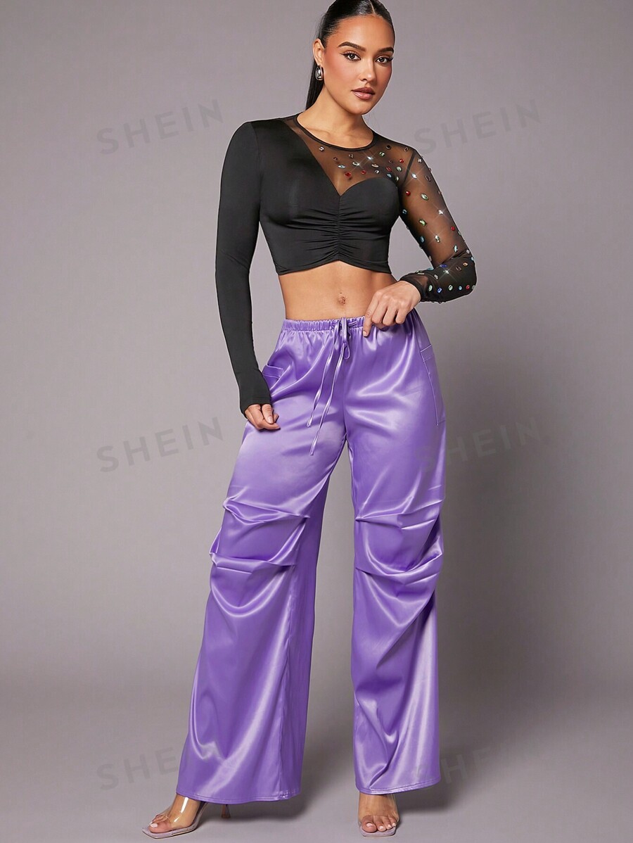 SHEIN Haute Rhinestone Mesh Asymmetric Crop Top | SHEIN UK