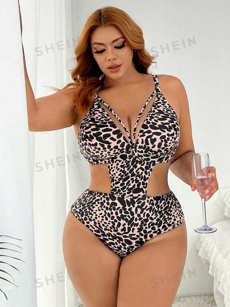 SHEIN Swim Curve Plus Size Women's One-Piece Swimsuit With Spots Print And Hollow Out Design ...