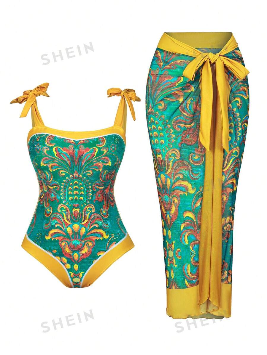 SHEIN Swim Oasis พลัสไซส์ ผู้หญิง วันพีซ ดอกไม้ ลวดลาย ชุดว่ายน้ำ พร้อม ...