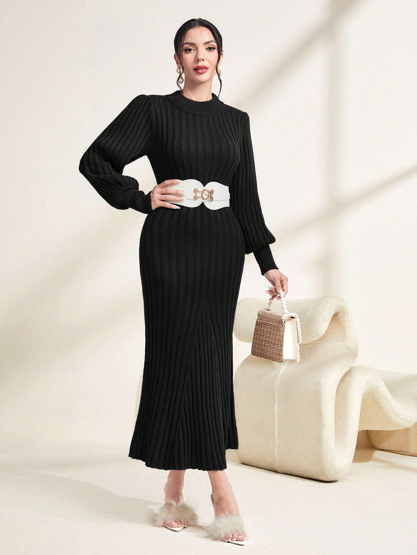 SHEIN Modely Solid Color Lantern Sleeve Knit Sweater Dress | SHEIN USA