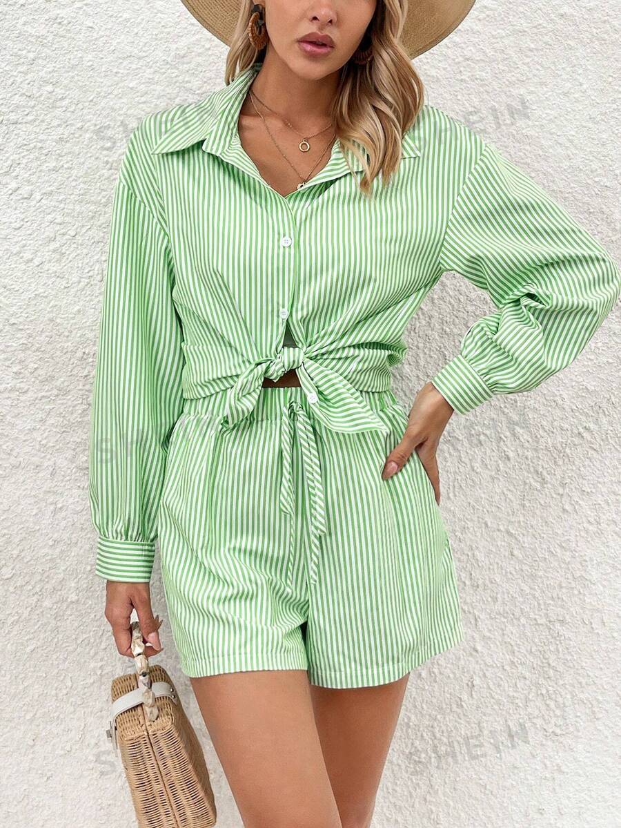 SHEIN Frenchy Women's Vertical Striped Shirt And Shorts Set | SHEIN USA