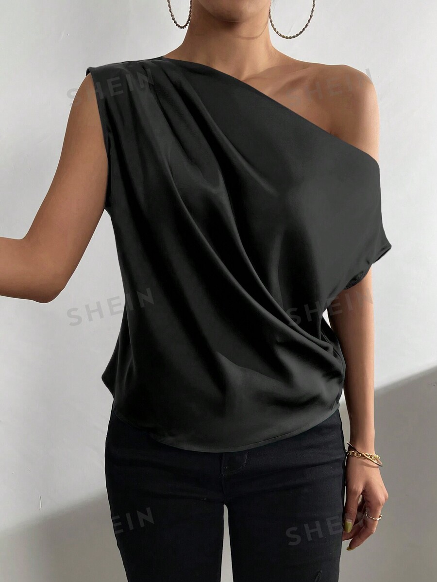 SHEIN Frenchy Solid Asymmetrical Neck Ruched Satin Blouse | SHEIN UK