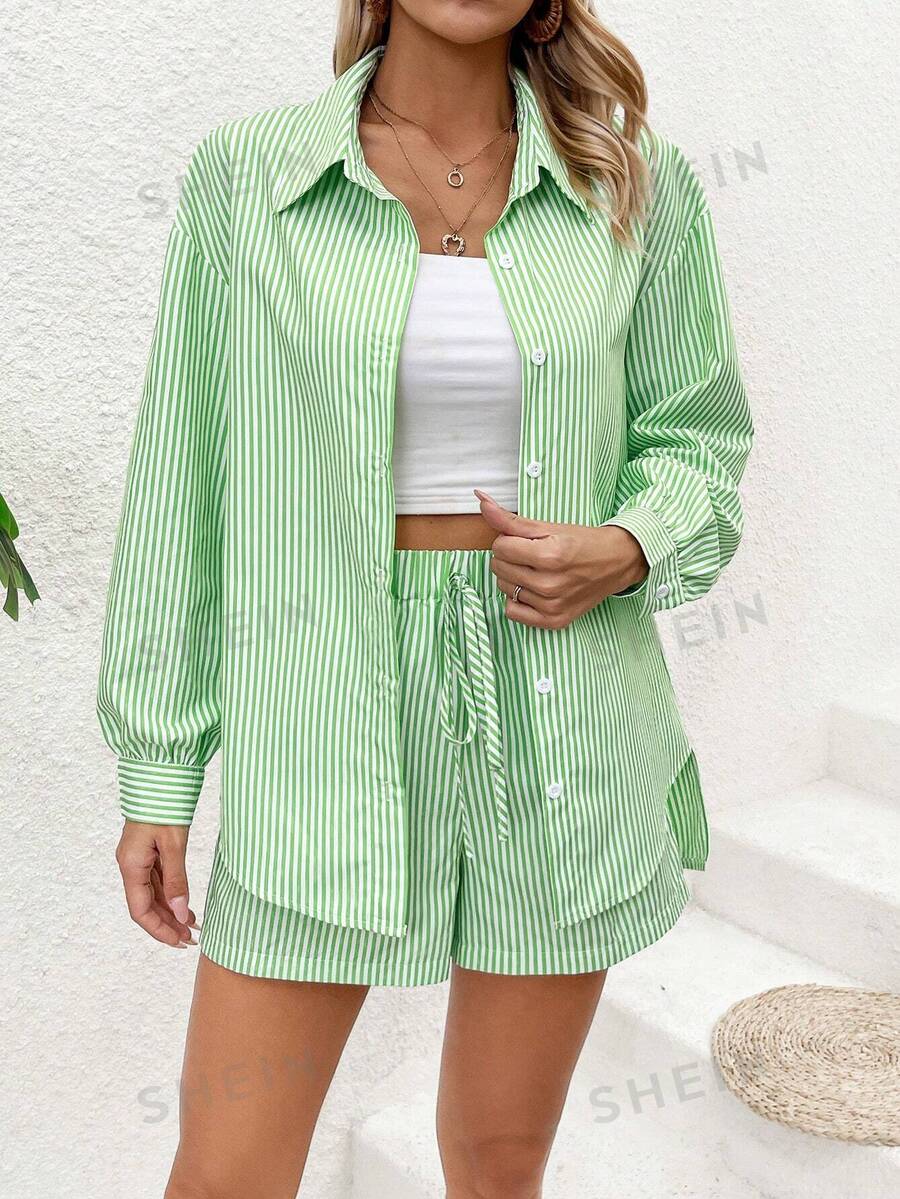 SHEIN Frenchy Women's Vertical Striped Shirt And Shorts Set | SHEIN USA