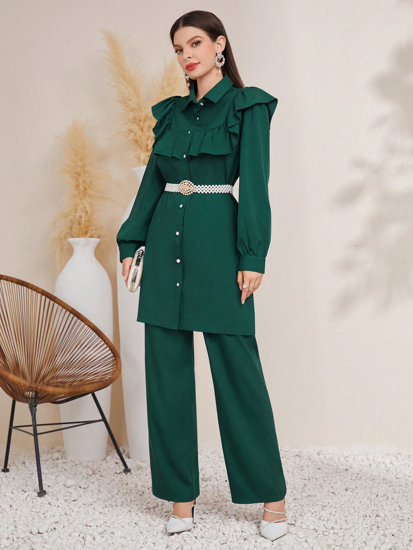 SHEIN Mulvari Women'S Asymmetrical Color-Block Long Shirt And Pants Set ...