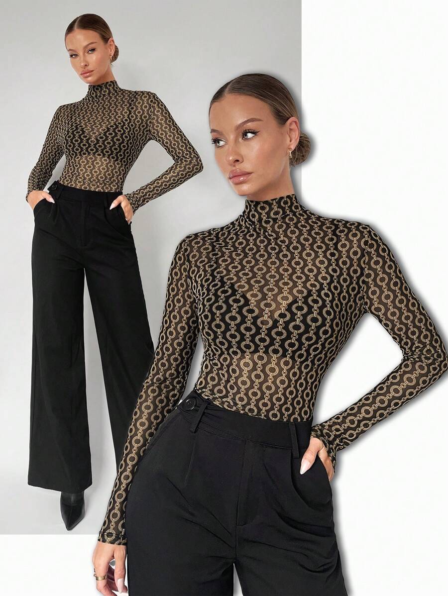 Maija Chain Print Mock Neck Long Sleeve Sheer Bodysuit | SHEIN USA
