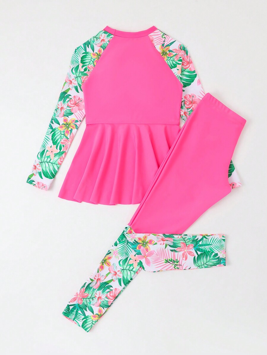 Tween Girls' Two Piece Swimsuit Set With Big Plant Print And Long ...