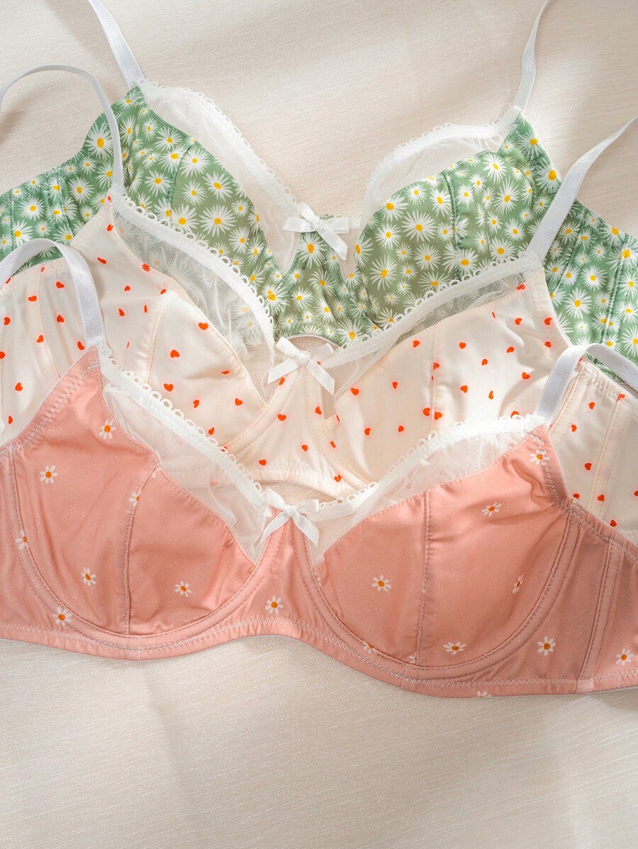 Plus Size Women's Floral Heart Pattern Printed Bra Set (3pcs) | SHEIN USA