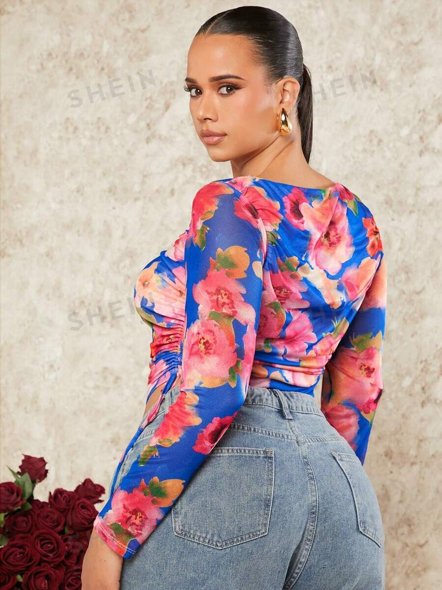 SHEIN BAE Plus Size Women's Long Sleeve Floral Print Shirred Hem ...