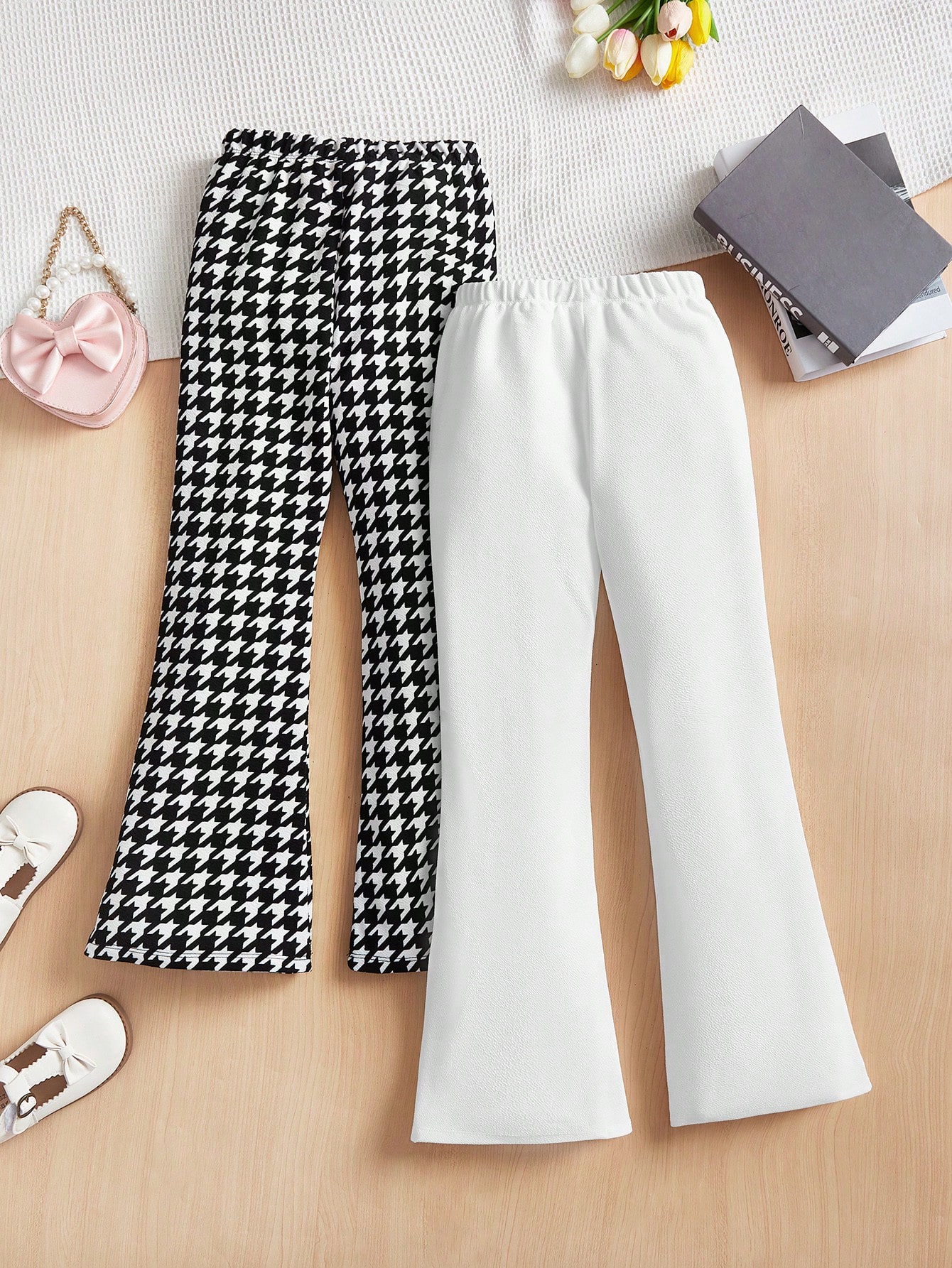 Tween Girls Solid Color Houndstooth Pattern Fitted Flared Pants For Casual Wear Shein Uk 