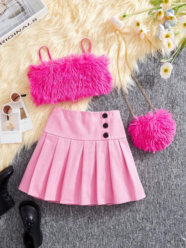 SHEIN Kids FANZEY Tween Girls' Knit & Plush Cami Top And Woven Skirt ...