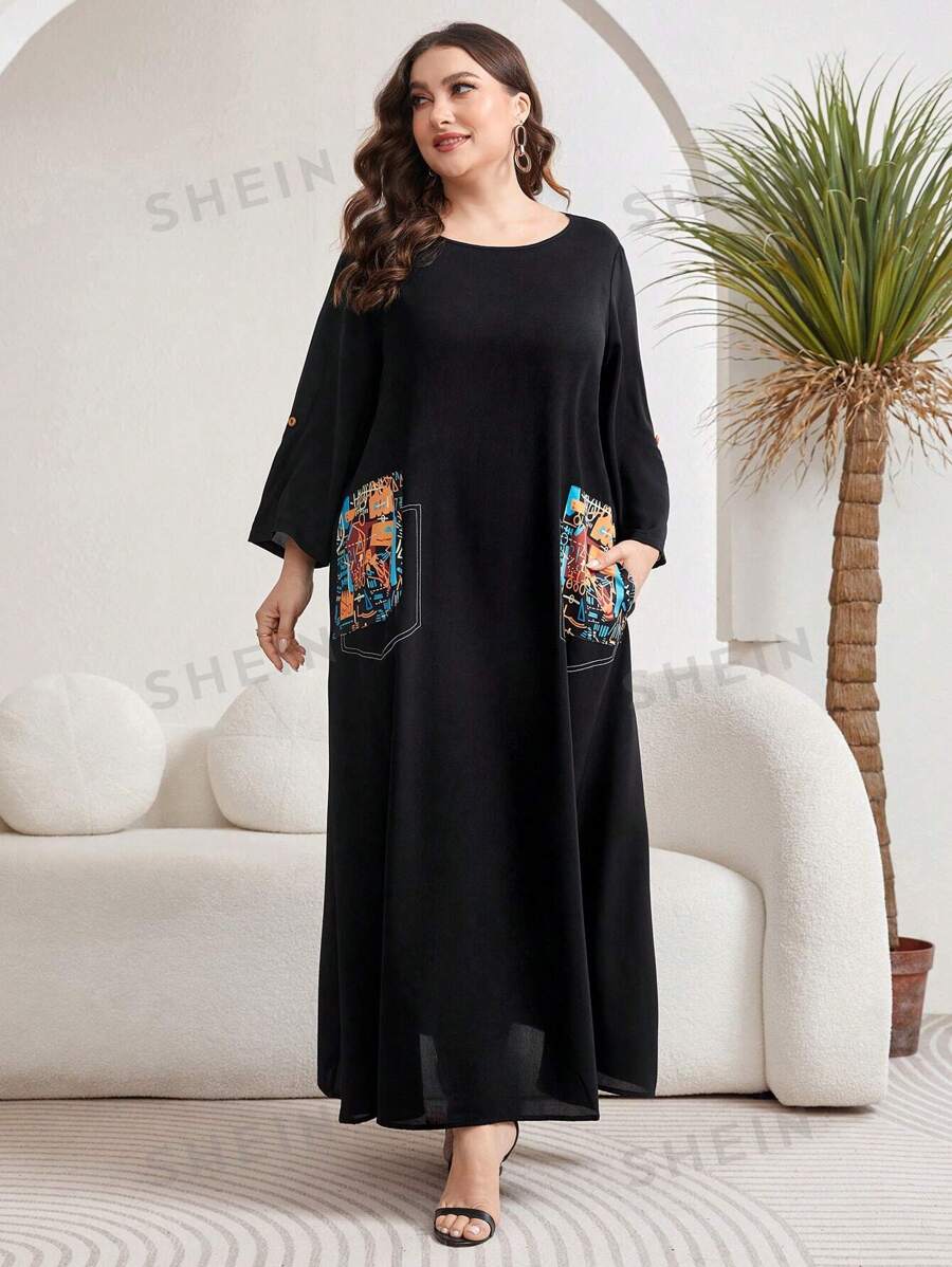 SHEIN Najma Vestido árabe holgado con estampado floral y bolsillos para ...