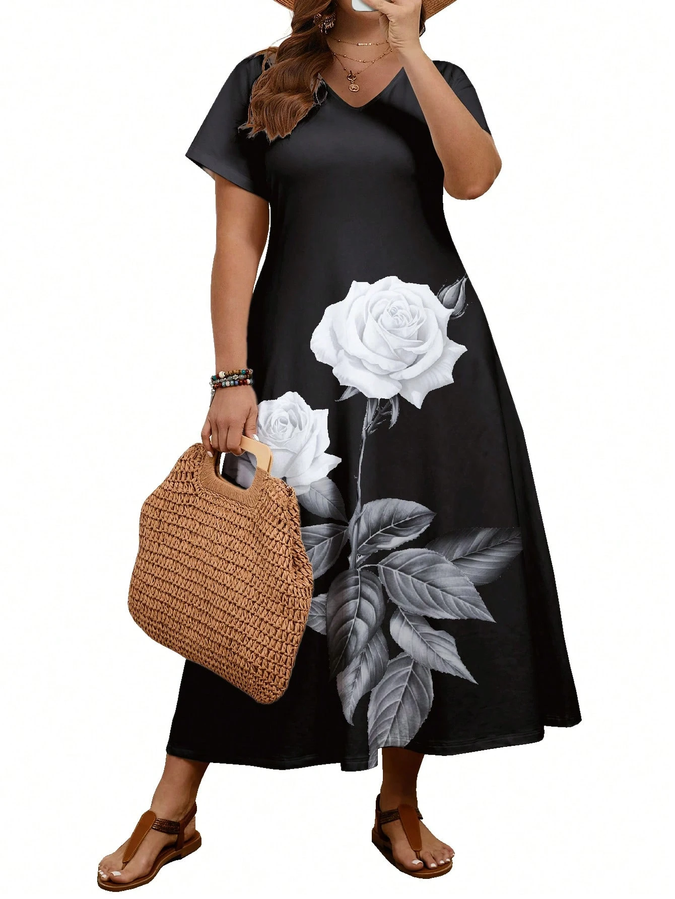 EMERY ROSE Short Sleeve V-Neck Slim Fit Floral Print Plus Size Dress ...