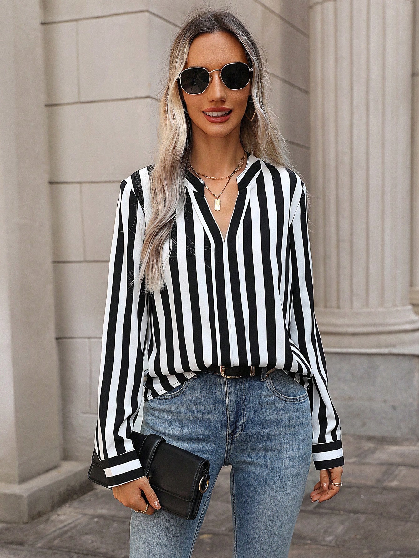 SHEIN LUNE Women's Vertical Stripe Shirt With Notched Collar | SHEIN USA