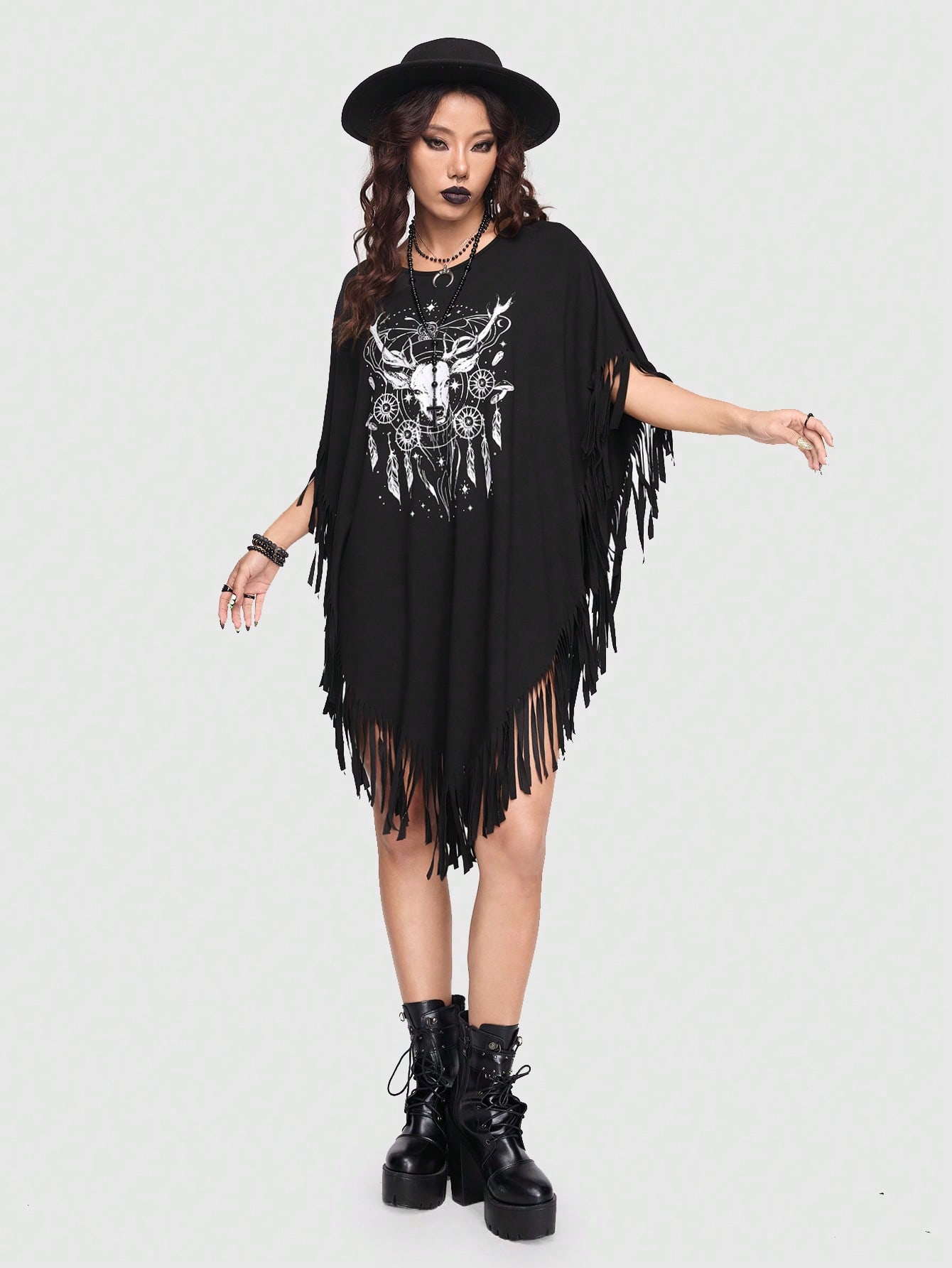 ROMWE Goth Loose Poncho Top With Fringe Hem And Bohemian Deer Print For ...