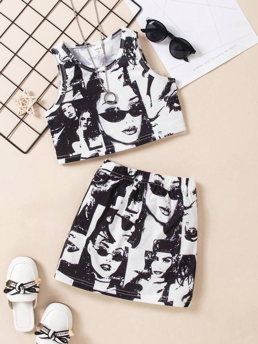 SHEIN 2 peças Conjunto de Top Crop e Saia Bodycon Impresso Doce e Legal ...