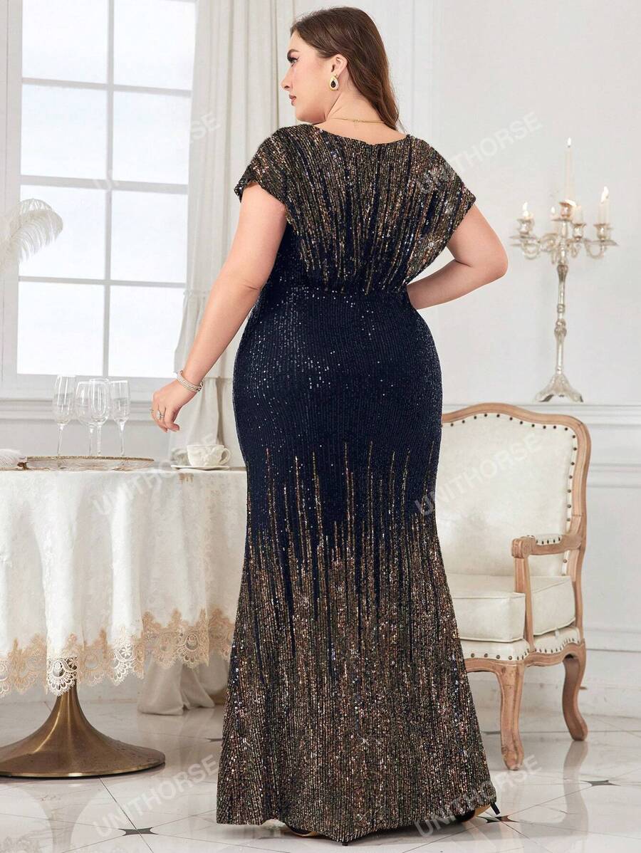 UNITHORSE [Random Cut]Plus Size Women's Batwing Sleeve Sequin Bodycon ...