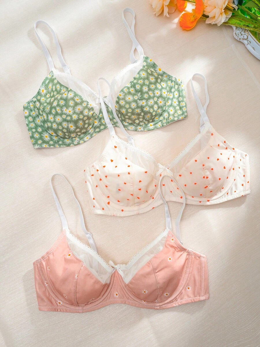 Plus Size Women's Floral Heart Pattern Printed Bra Set (3pcs) | SHEIN USA