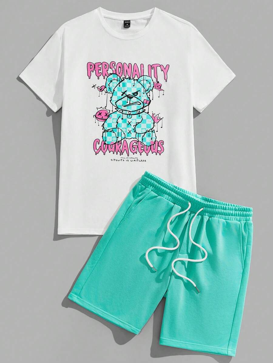 Manfinity EMRG Men'S Cartoon And Letter Print Short Sleeve T-Shirt And ...