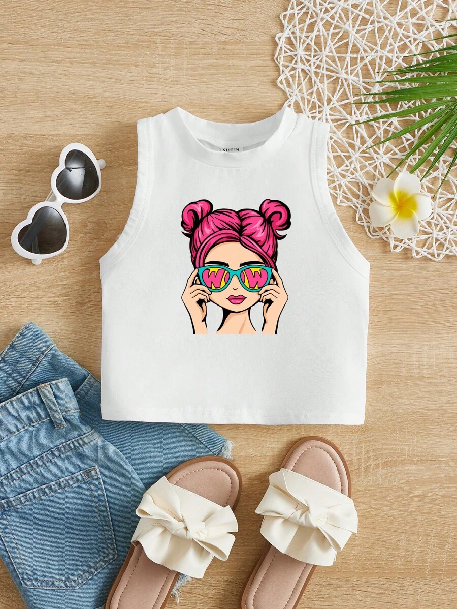Young Girls' Casual Simple Cartoon Print Round Neck Tank Top For Summer ...