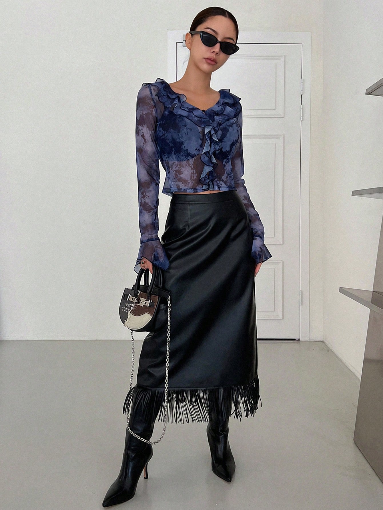 DAZY Ruffled Hem & Tie-Dye Sheer Mesh Top | SHEIN USA