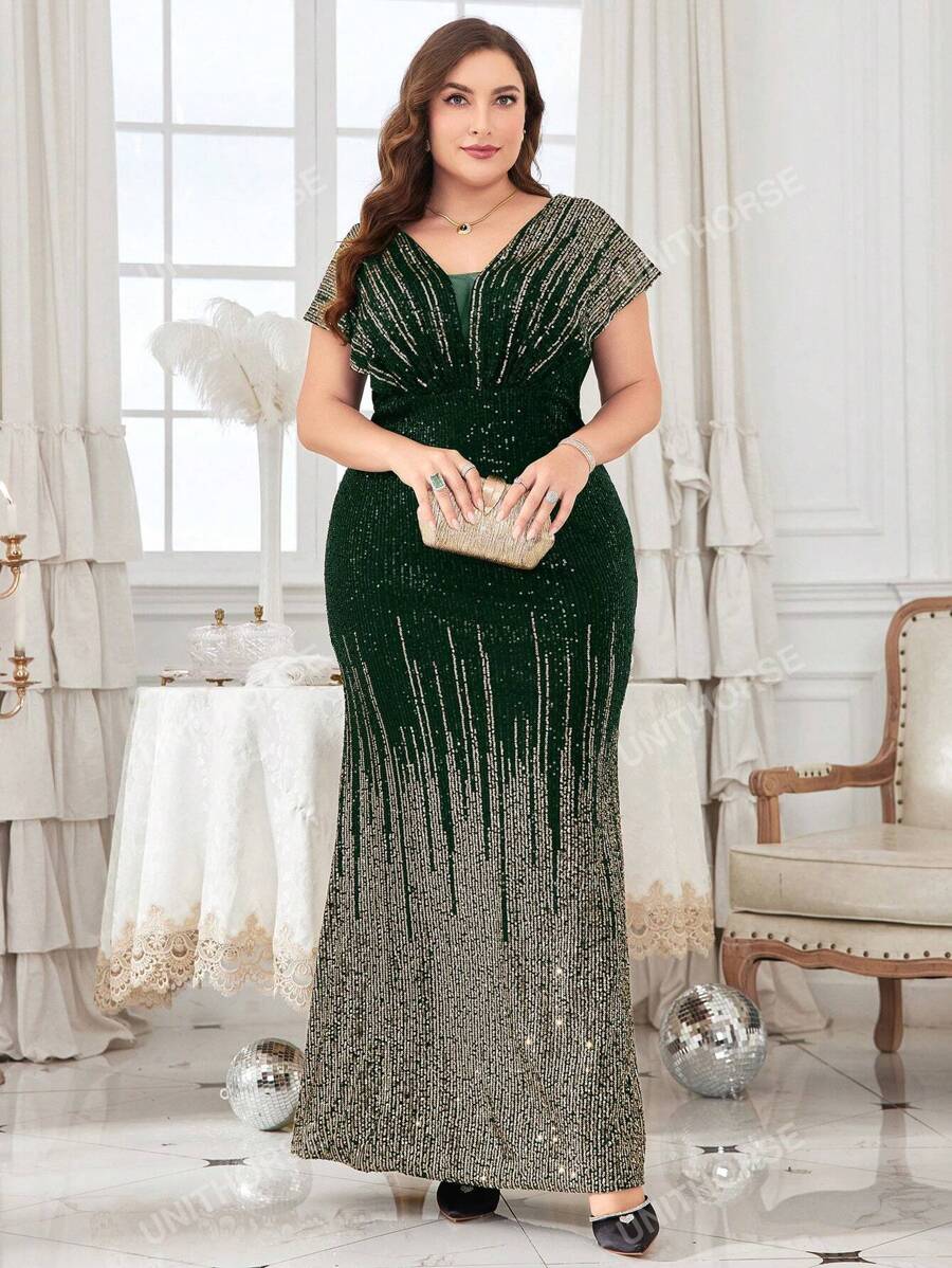 [Random Cut] Plus Size Batwing Sleeve Sequined Bodycon Party Dress ...