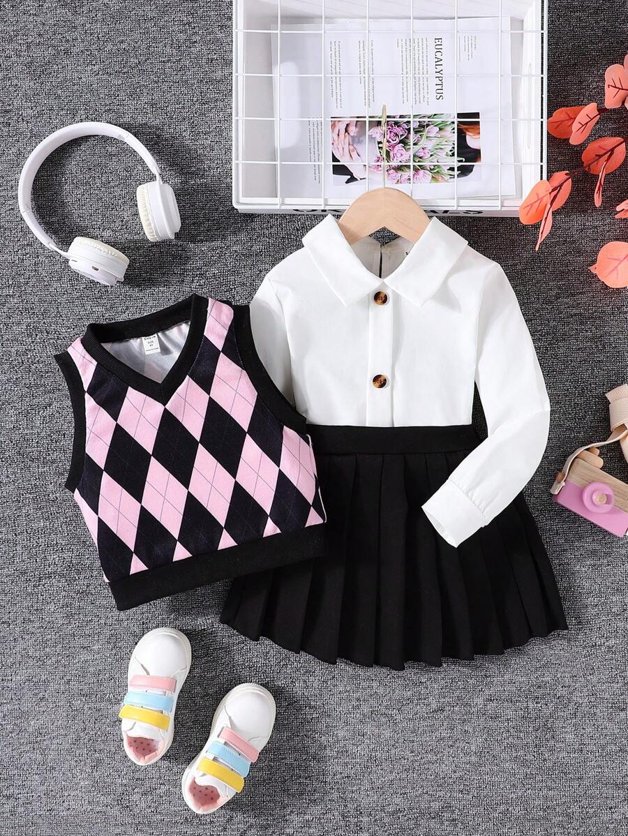 SHEIN Young Girl Simple Style Long Sleeve Shirt, Argyle Pattern Tank ...