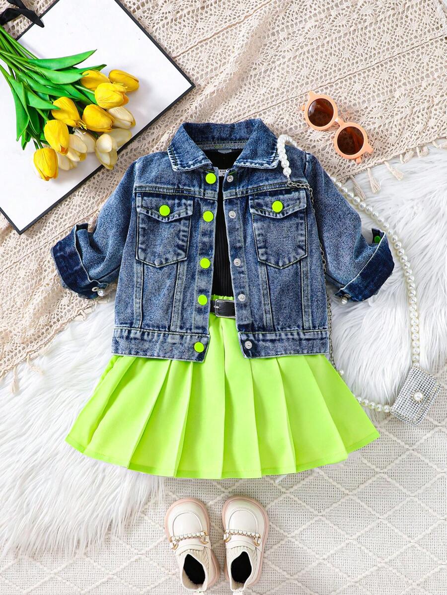 Baby Girl Denim Jacket, Solid Color Vest, And Pleated Skirt Set | SHEIN USA