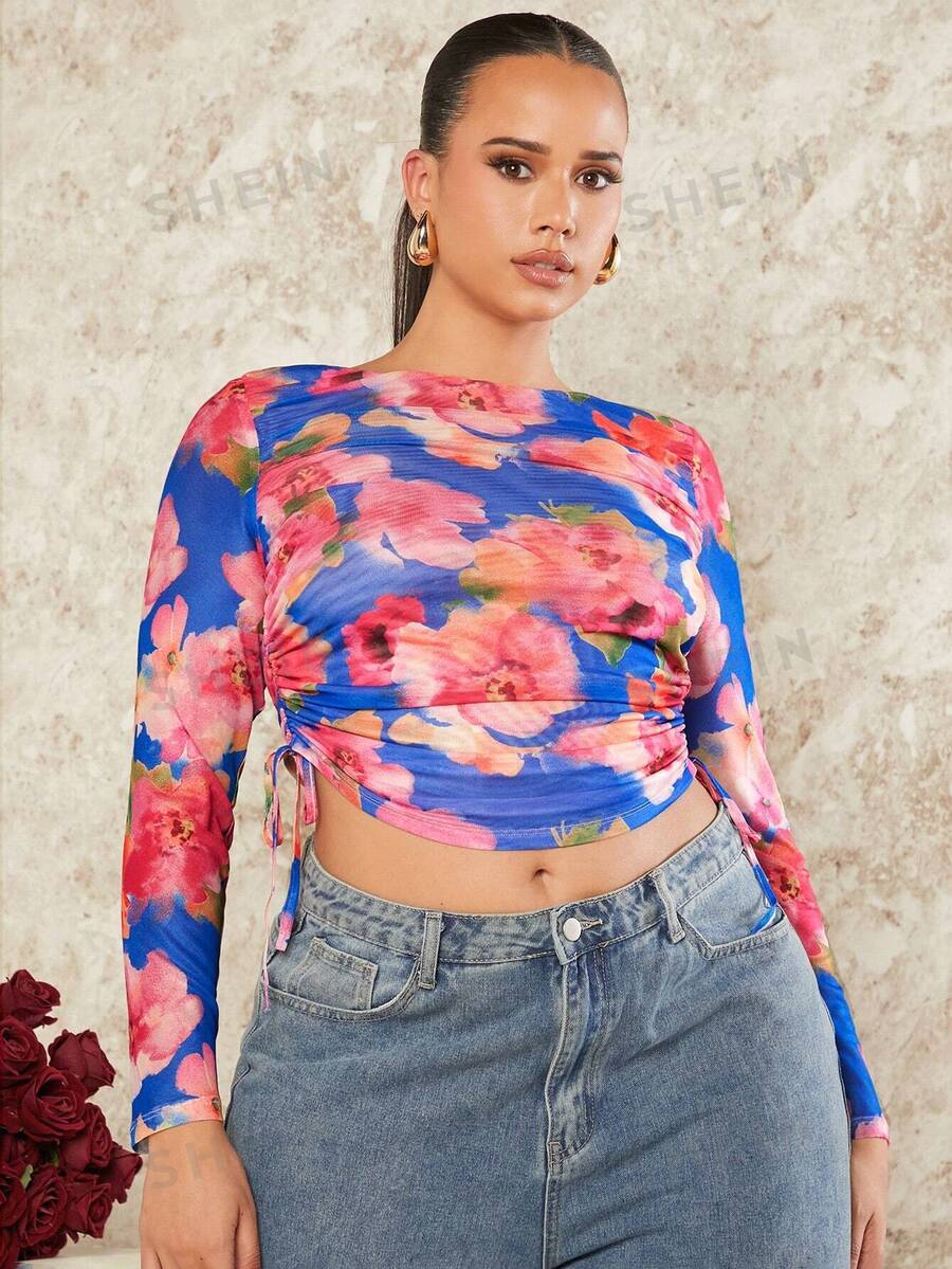 SHEIN BAE Plus Size Women's Long Sleeve Floral Print Shirred Hem ...