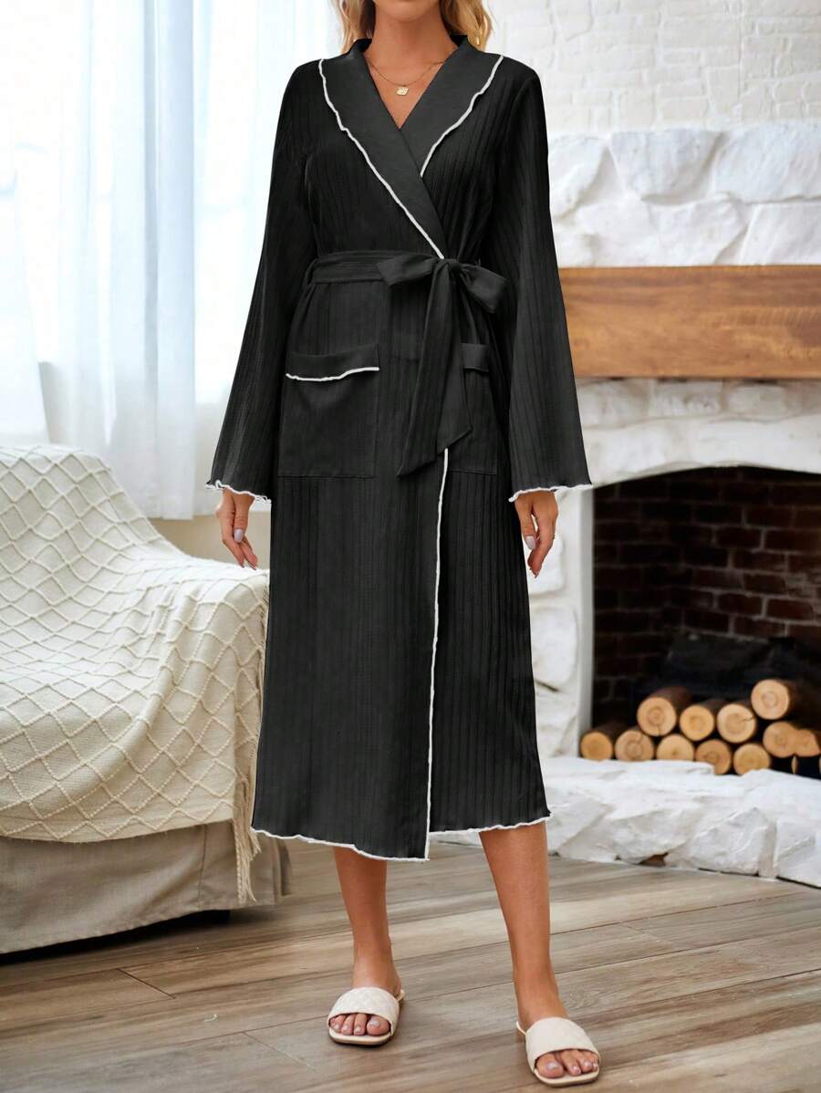 Women's Contrast Trimmed Shawl Collar Bathrobe With Tie Belt | SHEIN USA