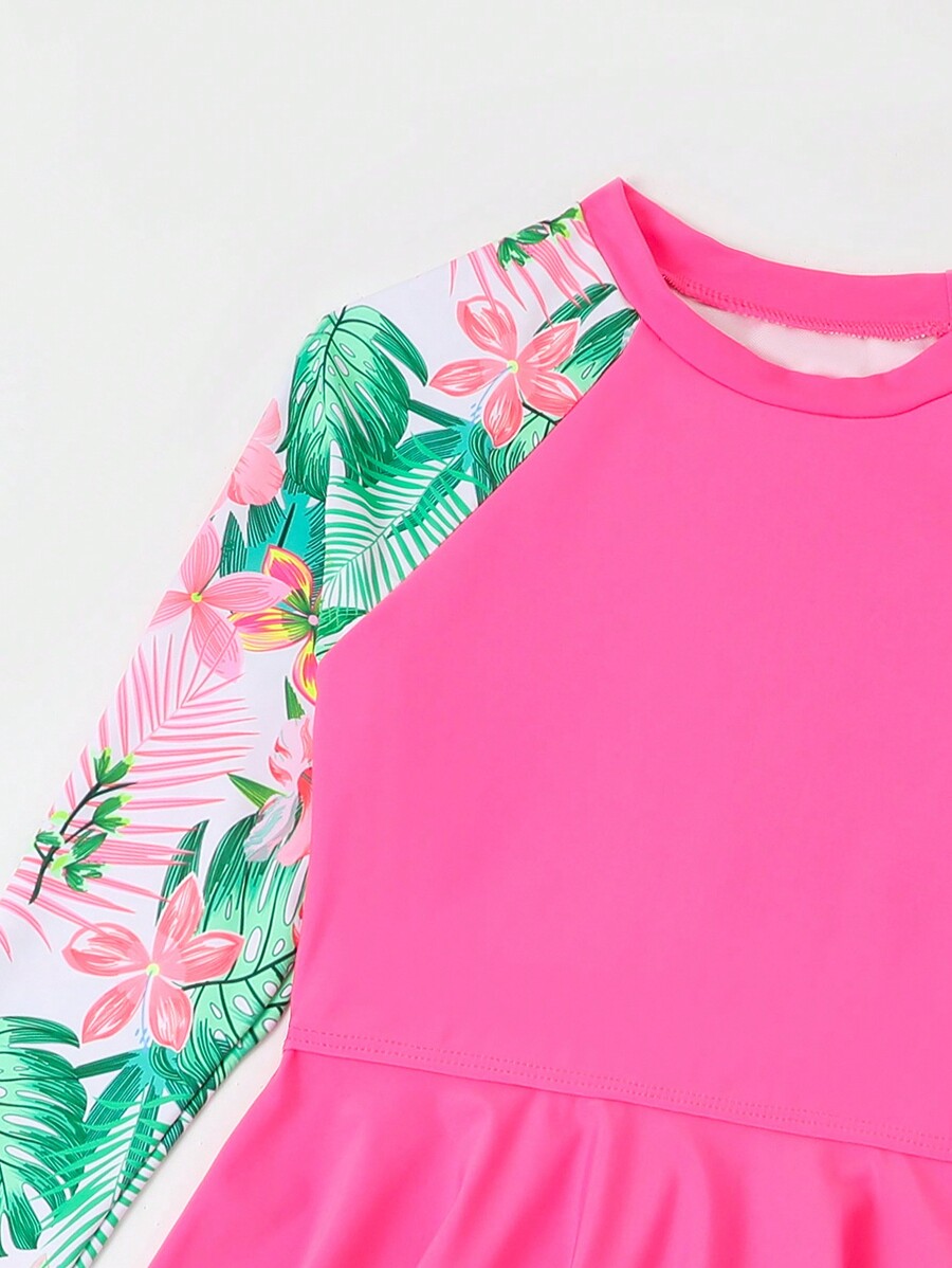 Tween Girls' Two Piece Swimsuit Set With Big Plant Print And Long ...