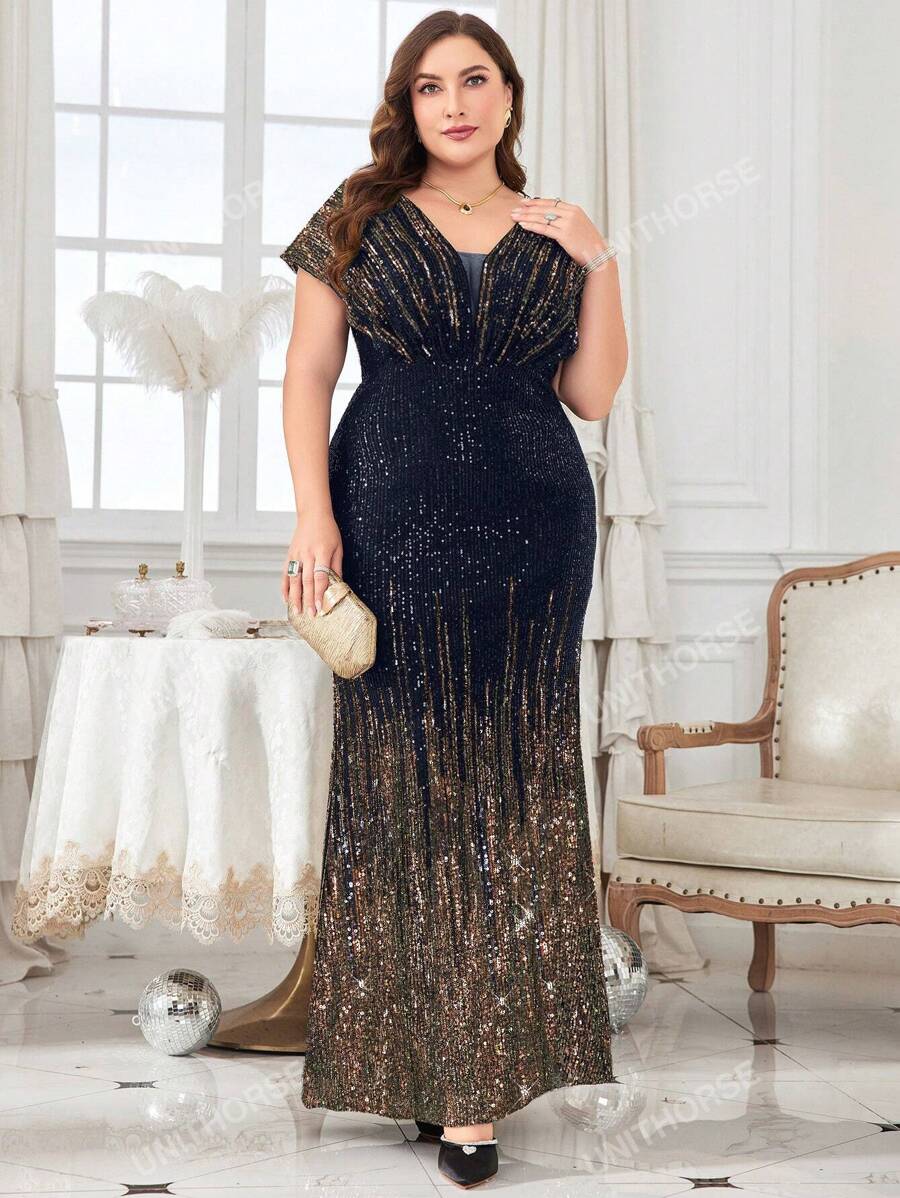 UNITHORSE [Random Cut]Plus Size Women's Batwing Sleeve Sequin Bodycon ...