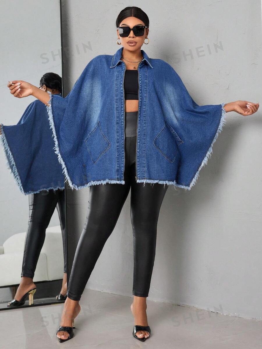 SHEIN SXY Plus Size Cape Design Denim Jacket With Frayed Trim | SHEIN USA