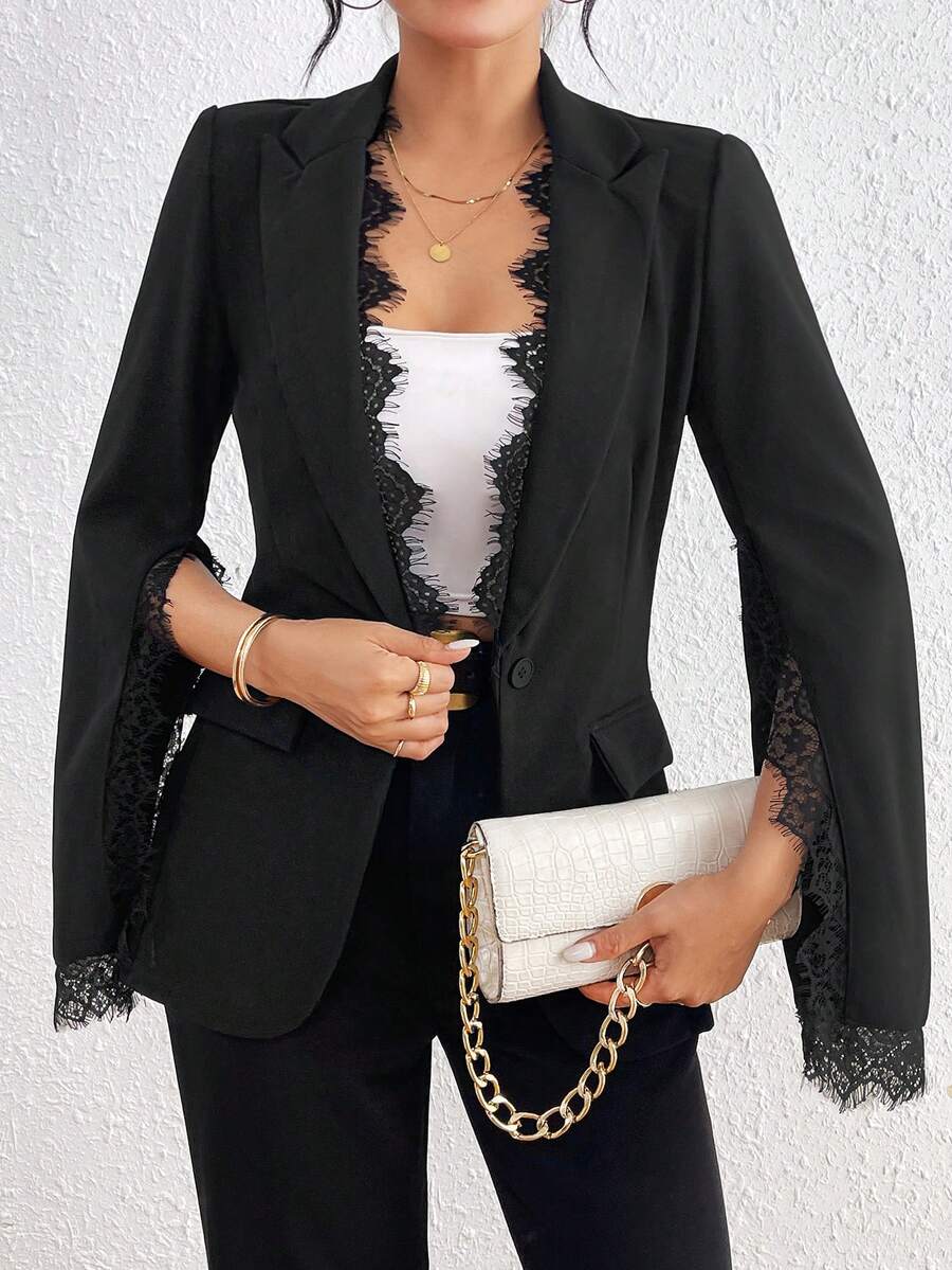 SHEIN Privé Ladies' Split Sleeve Blazer Jacket, Blazer With Lace Detail ...
