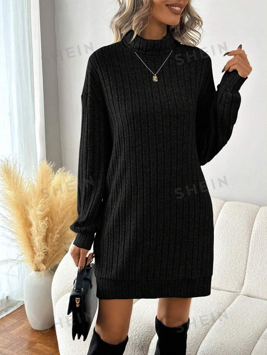SHEIN LUNE Casual Black Ribbed High Neck Sweater Dress | SHEIN UK