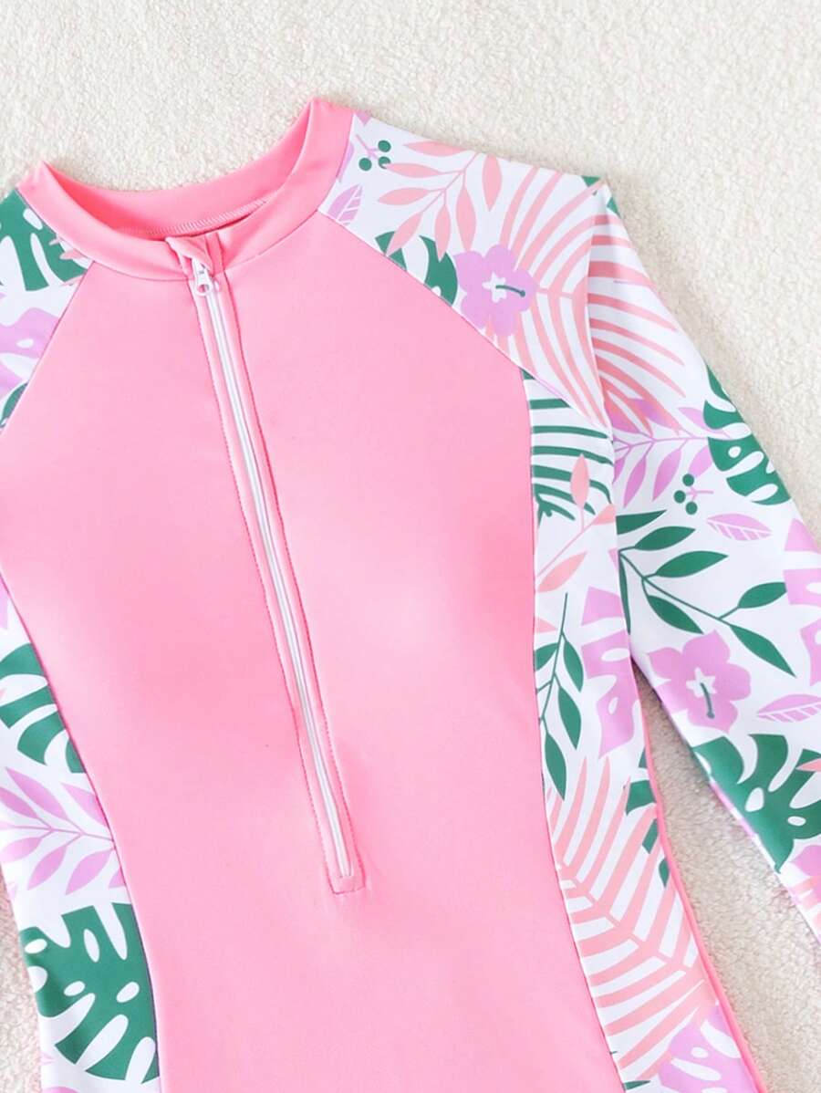 Tween Girls' Tropical Printed Long Sleeve Zipper Front Swimsuit With ...