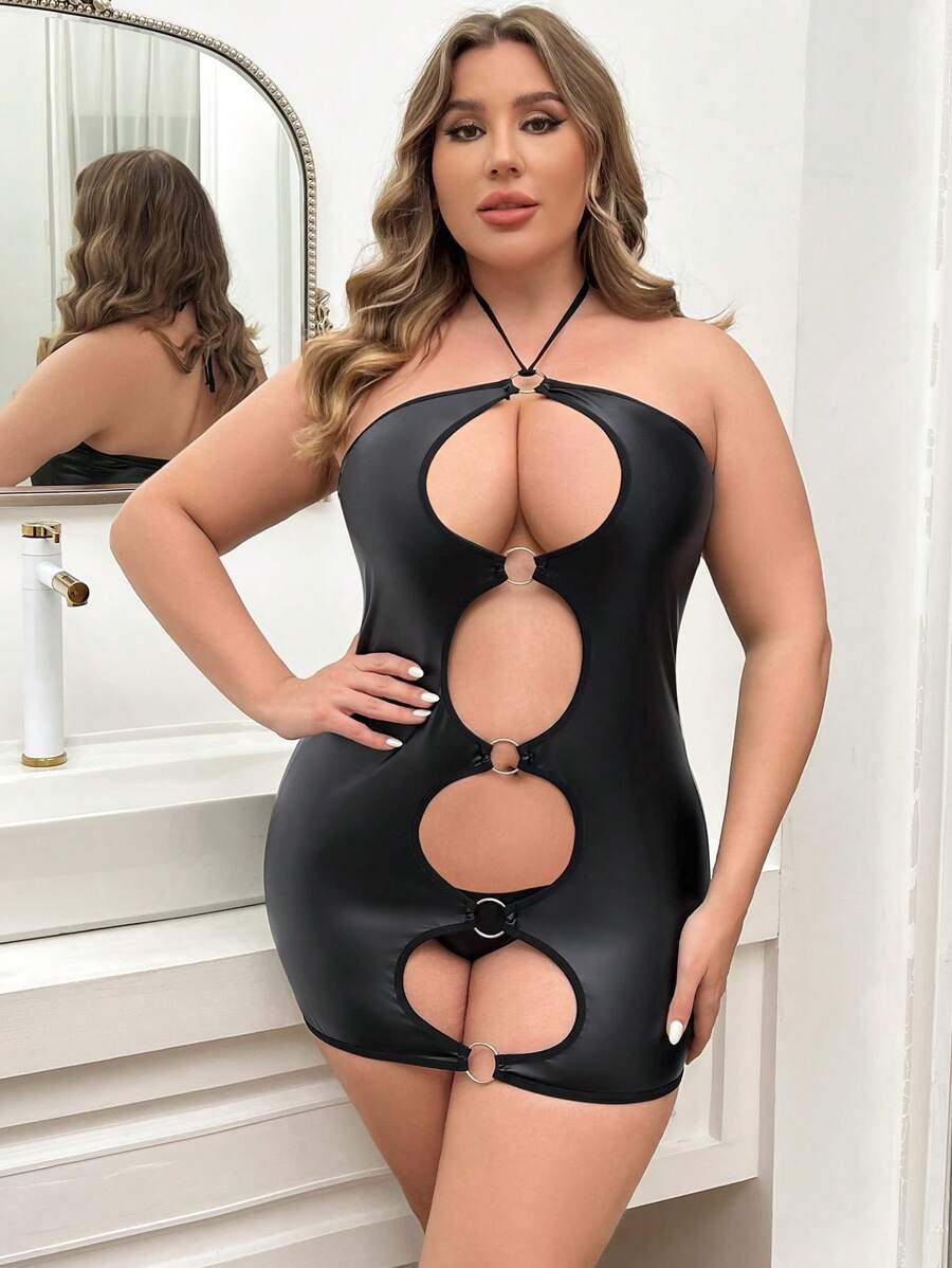 Classic Sexy Plus Size Sexy PU Leather Halter Dress With Hollow Out Decor, And Thong | SHEIN USA