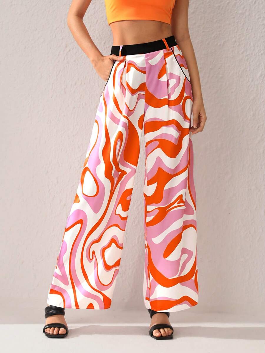ROZ Designer Marble Print Folded Pleat Wide Leg Pants, For Holiday ...