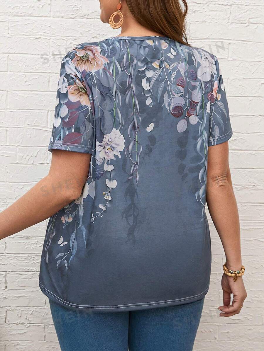 EMERY ROSE Plus Size Floral Print Short Sleeve T-Shirt Summer | SHEIN USA