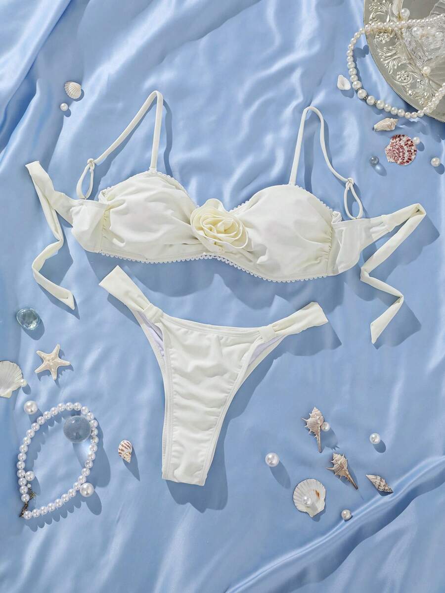 SHEIN X Lily May Mac Flower Embellished Swimsuit Set With Straps ...