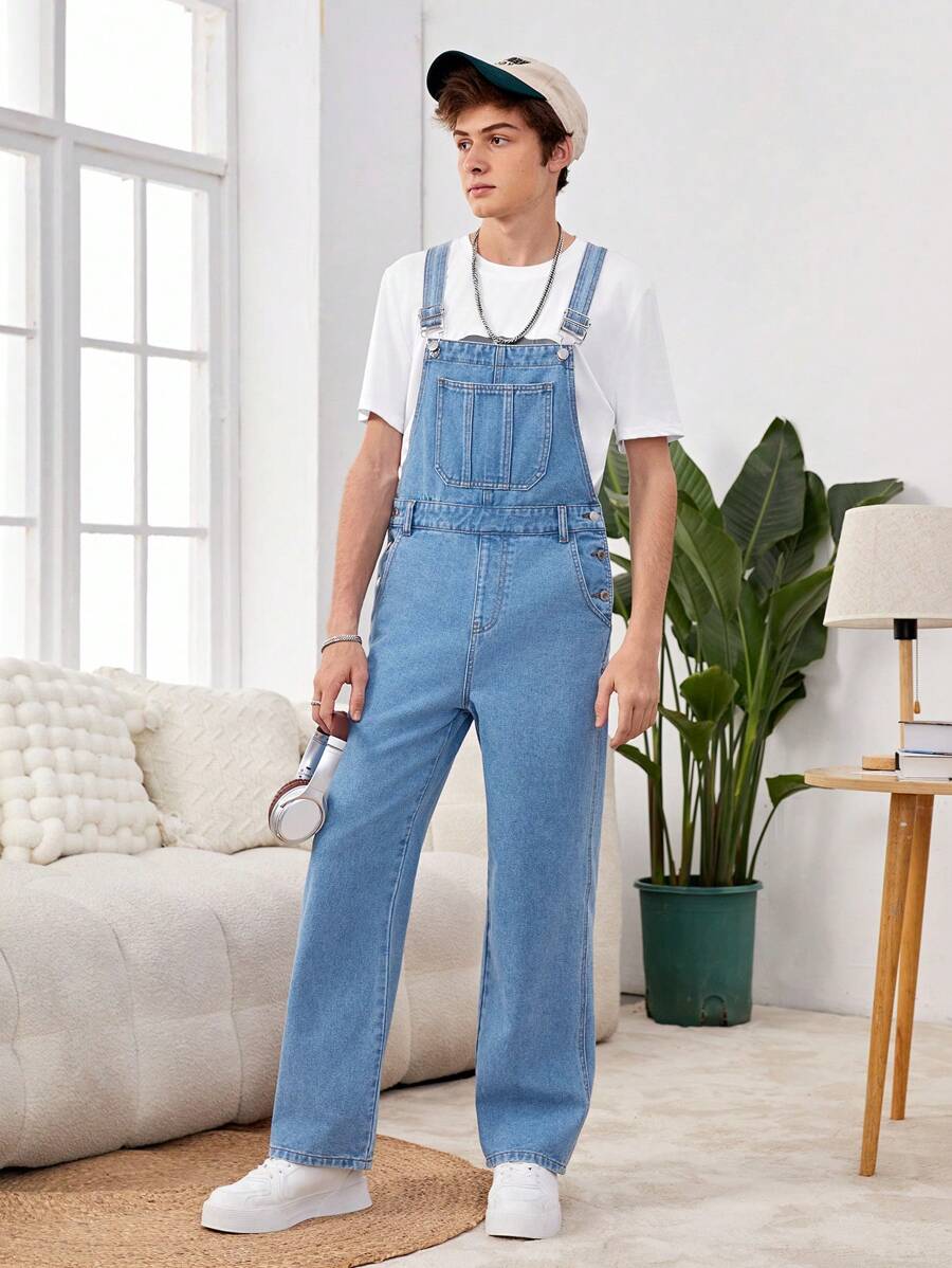 Teenage Boys' Slim Fit Denim Overalls Without Elasticity For Streetwear ...
