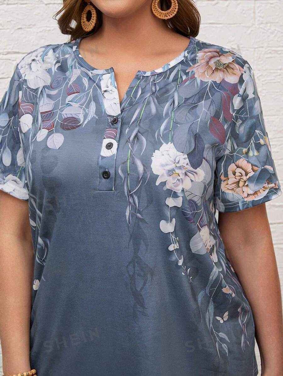 EMERY ROSE Plus Size Floral Print Short Sleeve T-Shirt Summer | SHEIN USA