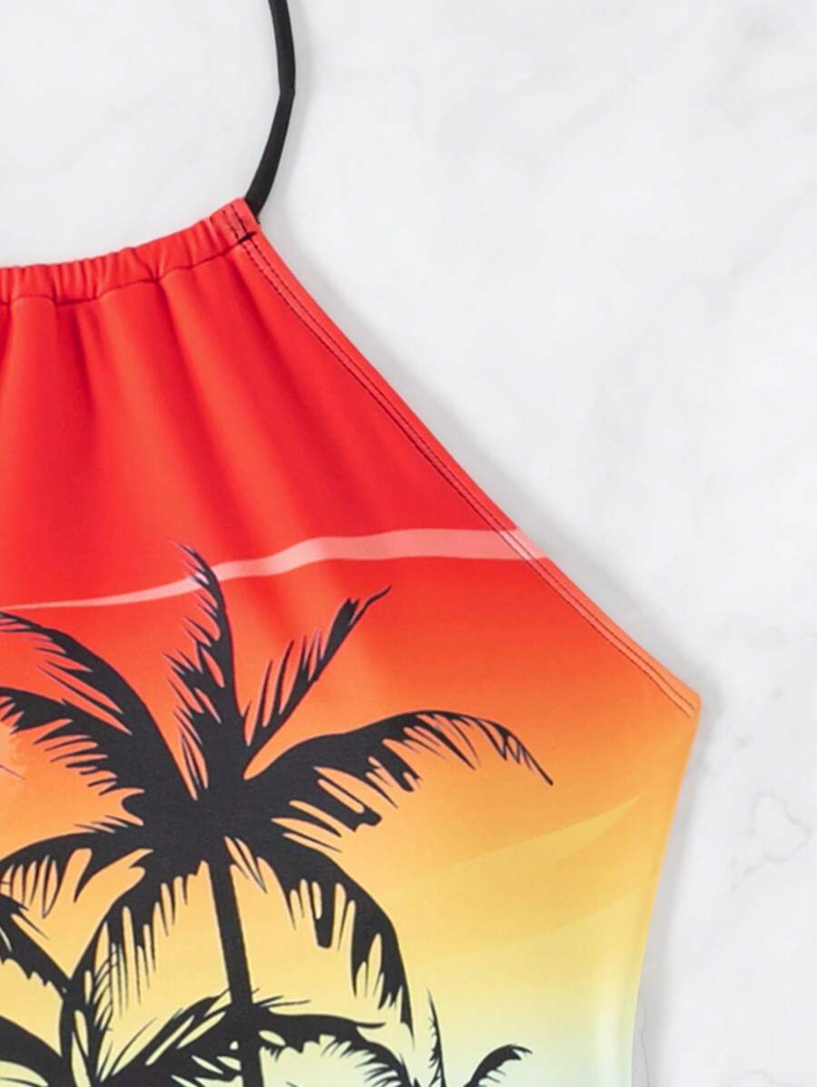 Shein Swim Vcay Womens Coconut Tree Print Drawstring Side Hanging Neck
