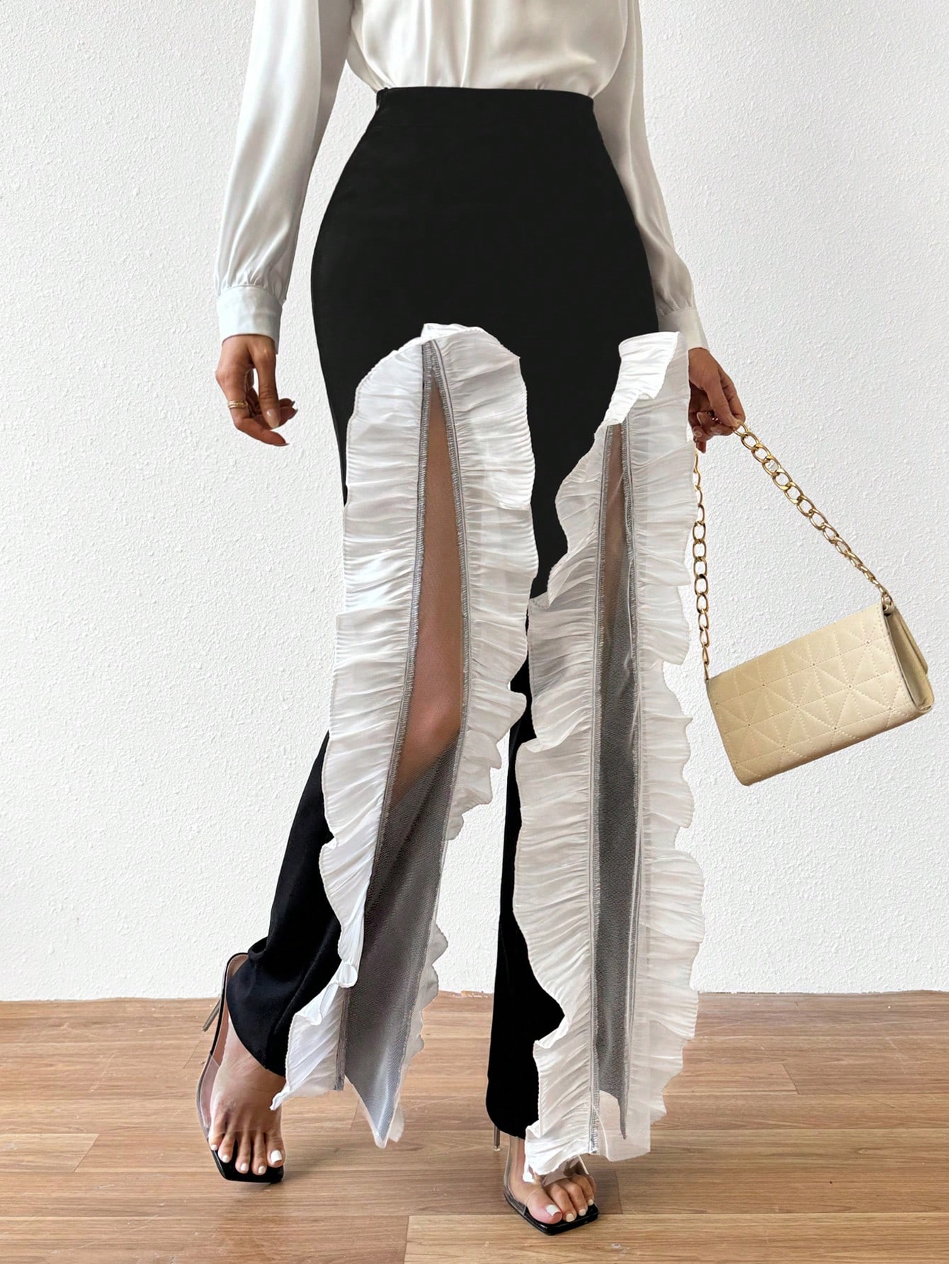 SHEIN Clasi Women's Contrast Color Side Slit Pants With Ruffle Hem ...