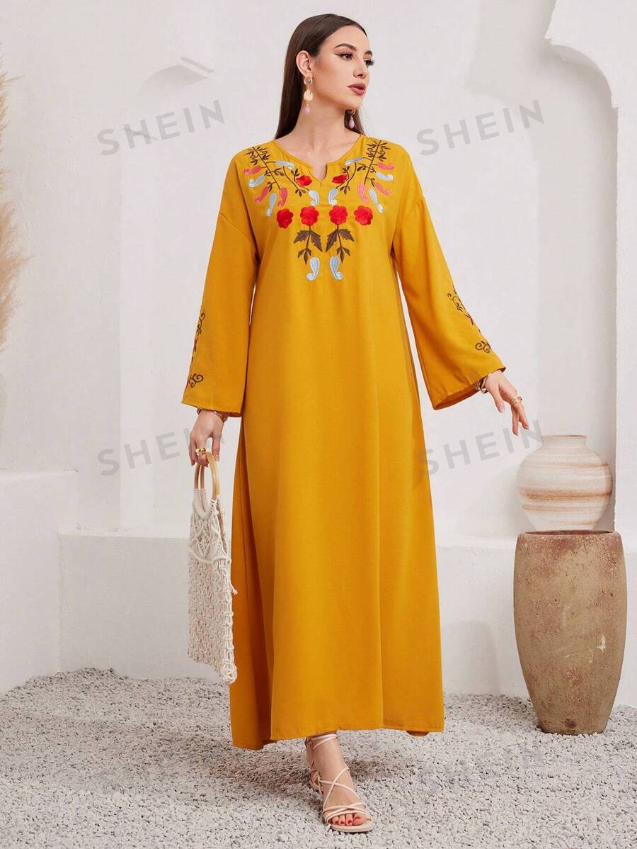 SHEIN Najma Vestido árabe de manga larga con caída de hombros y bordado ...