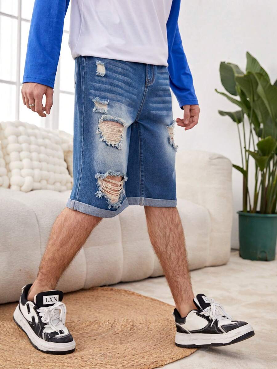 Teen Boys' Vintage Streetwear Cool Washed Ripped Distressed Loose Fit ...